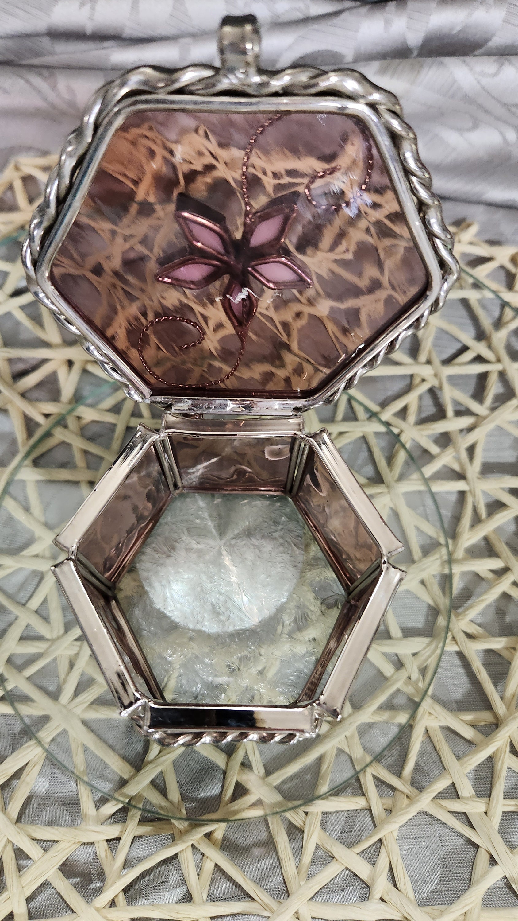Vintage Trinket Box Purple Stained Glass With Metal and White Glass ...