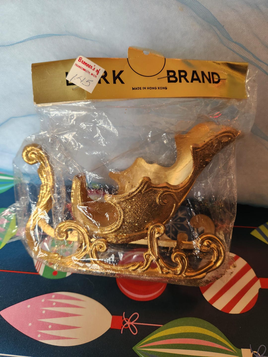 Vintage Gold Flocked Glitter Plastic Sleigh Decoration 6" MCM Hong Kong ...