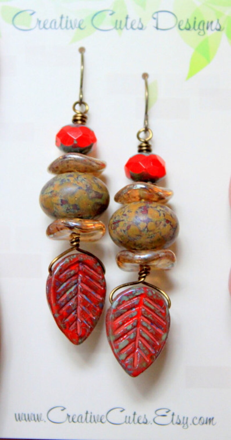 Rustic Boho Red Leaf Earrings, Red & Brown Czech Beads, Autumn Earring ...