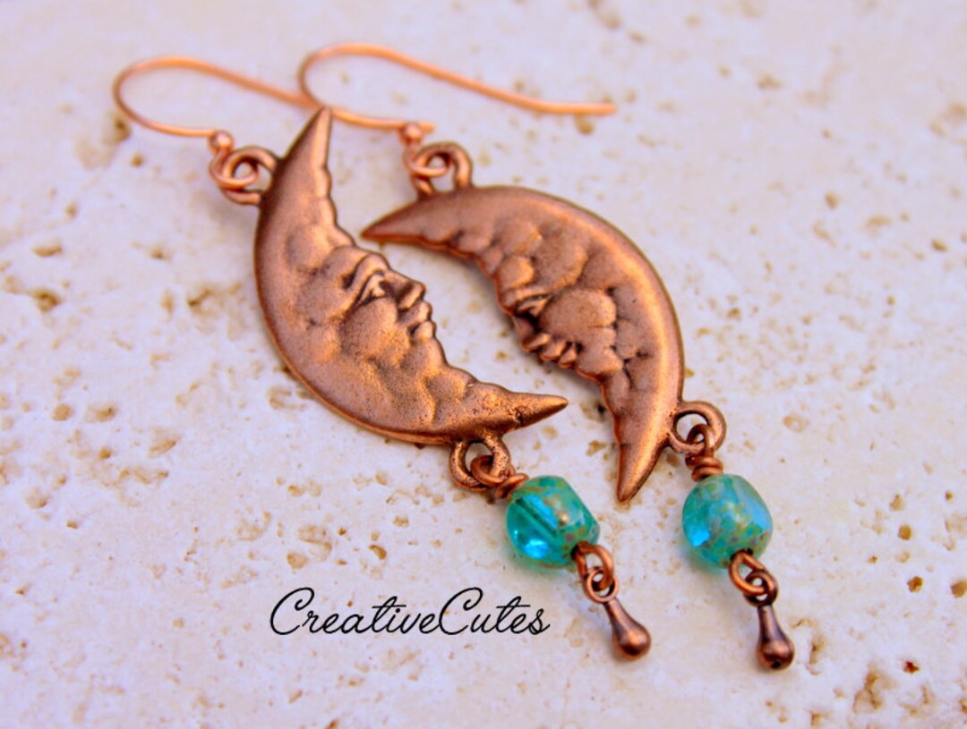 Rustic Boho Copper Man in the Moon Earrings, Crescent Moon Face ...