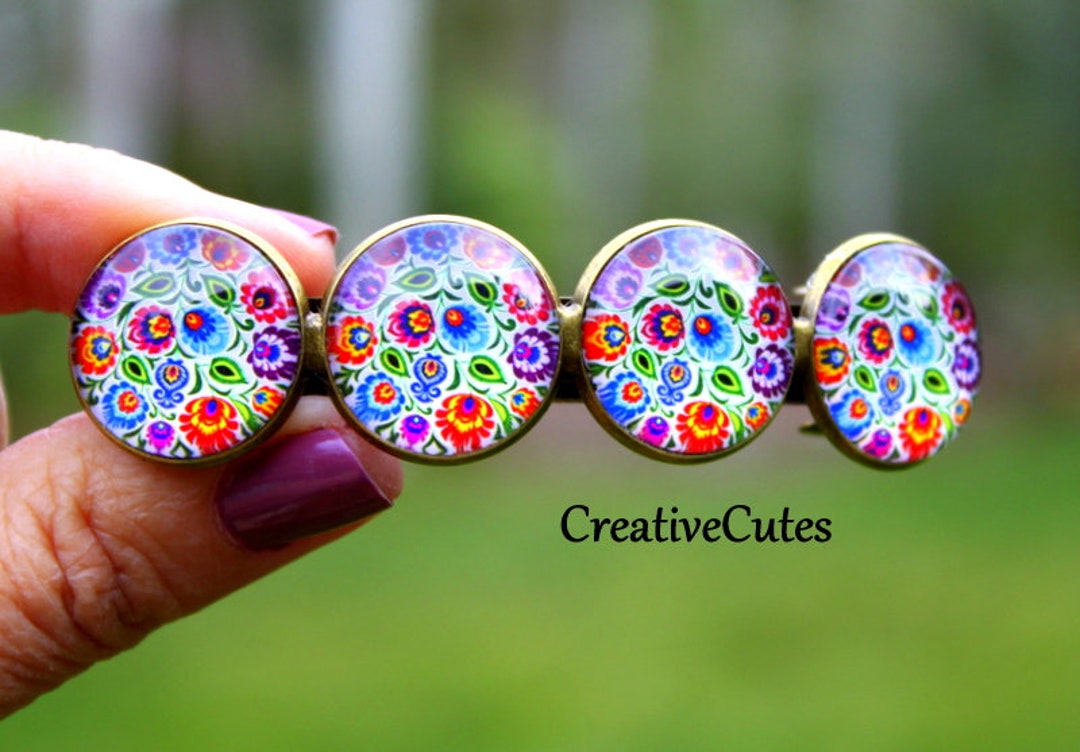 Colorful Polish Folk Art Flower Barrette, 4 Glass Flower Images on 1 ...