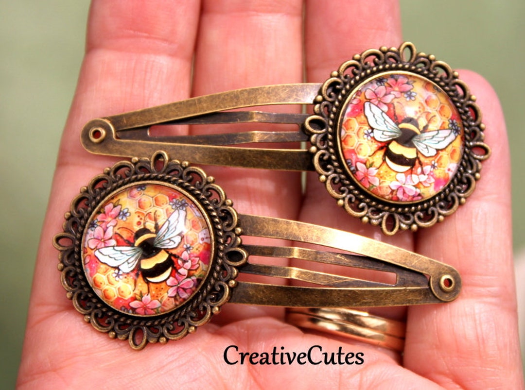 Rustic Bumble Bee Hair Clip Set, Set of 2 Brass Spring Snap Clips ...