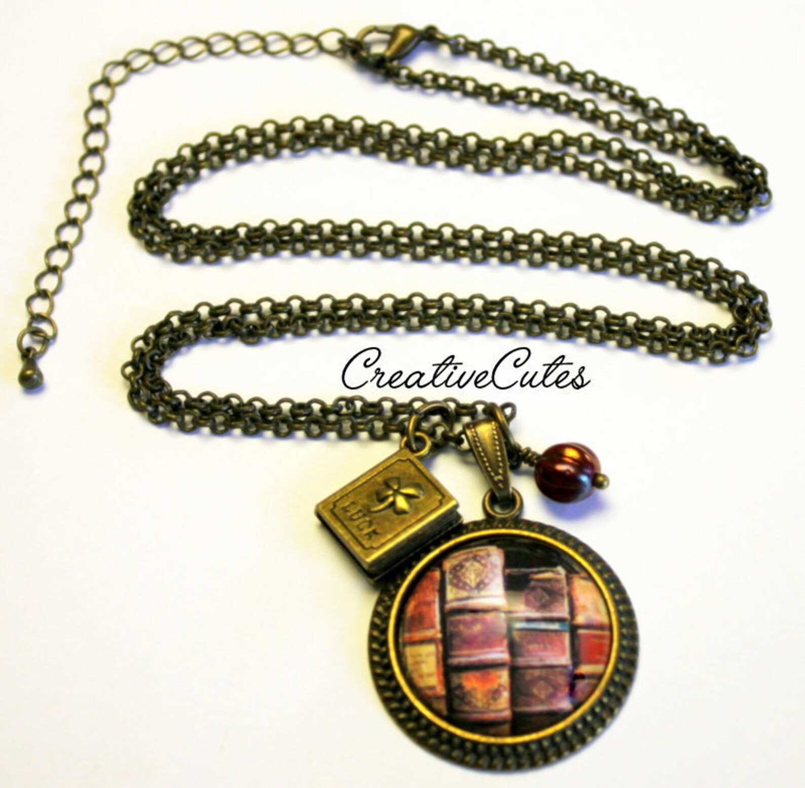 Book Lover Art Pendant Necklace Vintage Books Graphic Under - Etsy