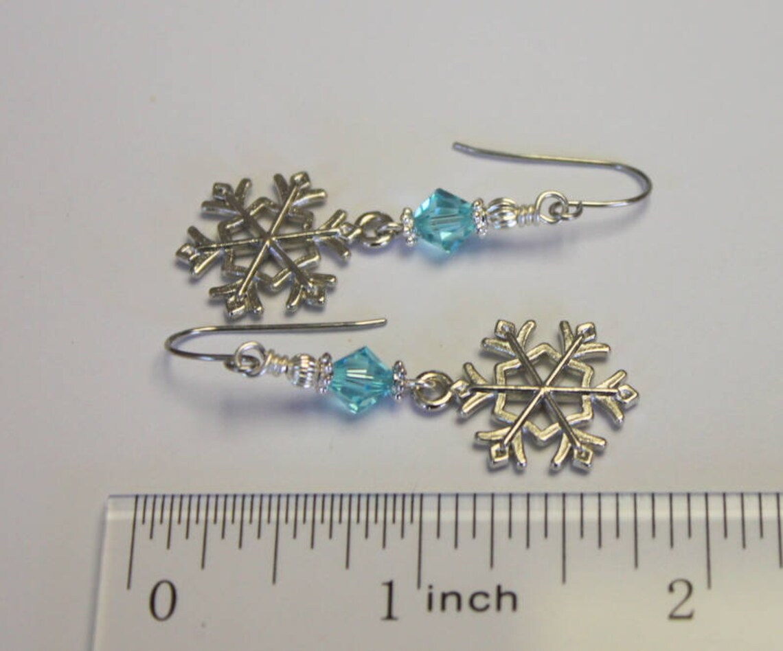 Silver Snowflake Earrings Aqua Blue Crystal Dainty Snowflake | Etsy