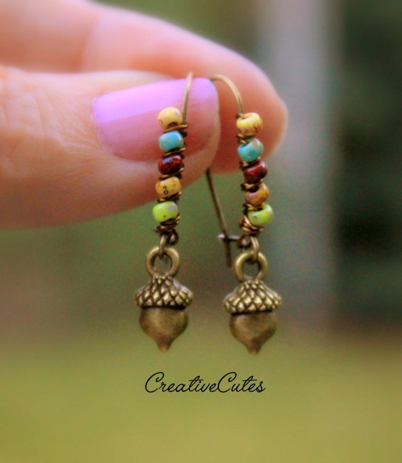 Cute Boho Acorn Earring Dangles, Beaded Wire Wrapped Ear Wires, Tiny ...