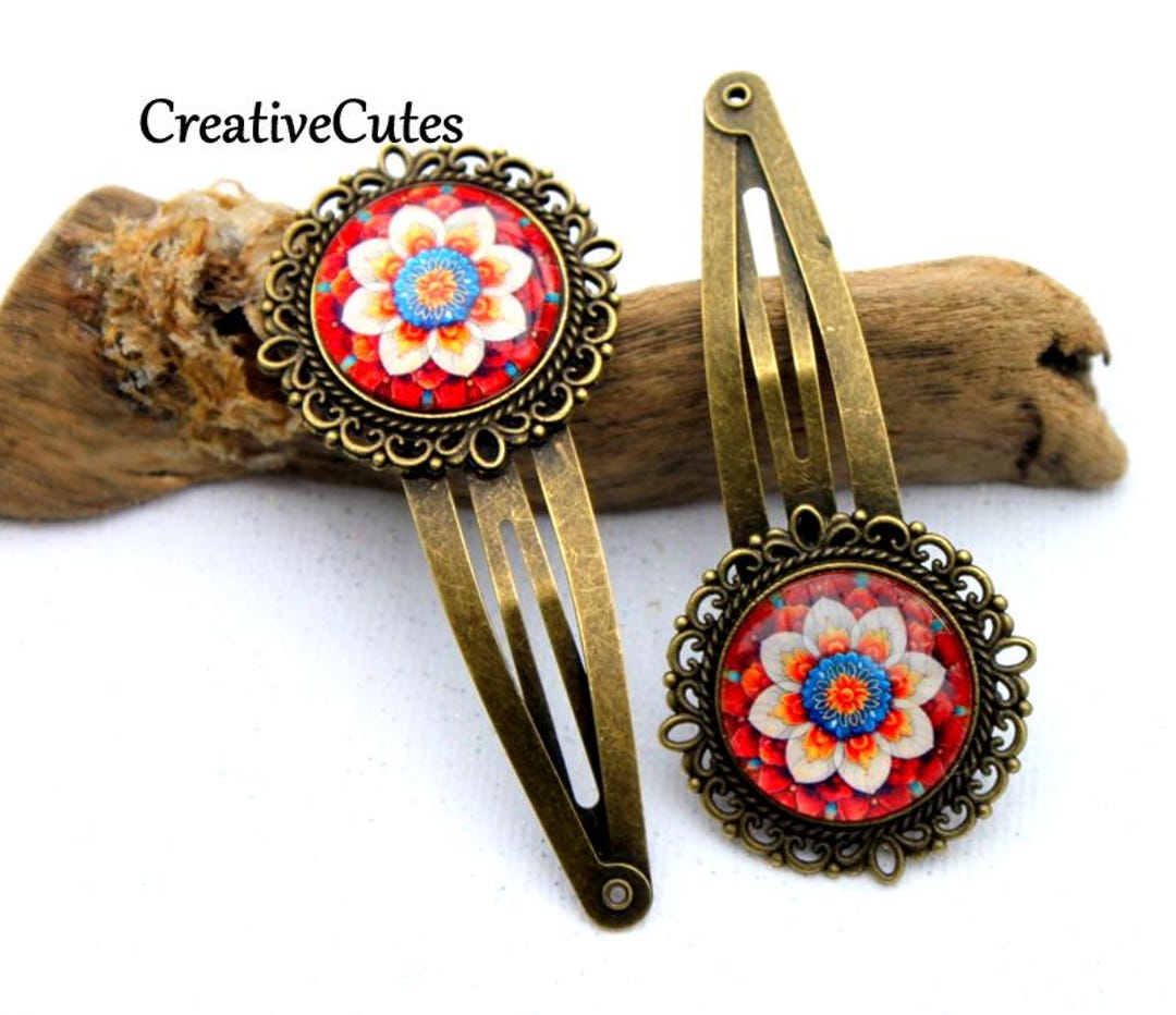 Colorful Boho Flower Mandala Hair Clips, Set of 2 Fancy Glass & Brass ...