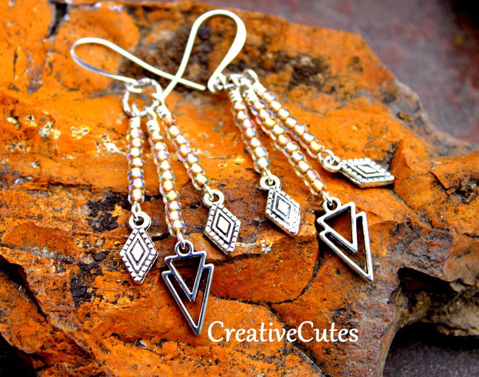 Cute Boho Beaded Triangle Earring Dangles Gold Aura Czech - Etsy