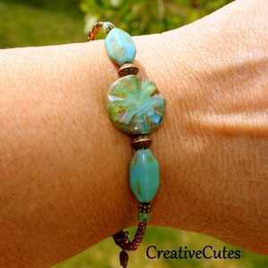 Rustic Boho Teal Green Stretch Bracelet, Earthy Unique Czech Bead Wrist ...
