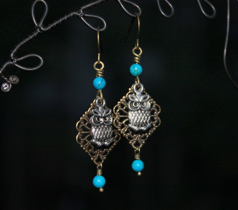 Cute Boho Owl Earrings, Turquoise Owl Earrings, Rustic Bohemian Owls ...