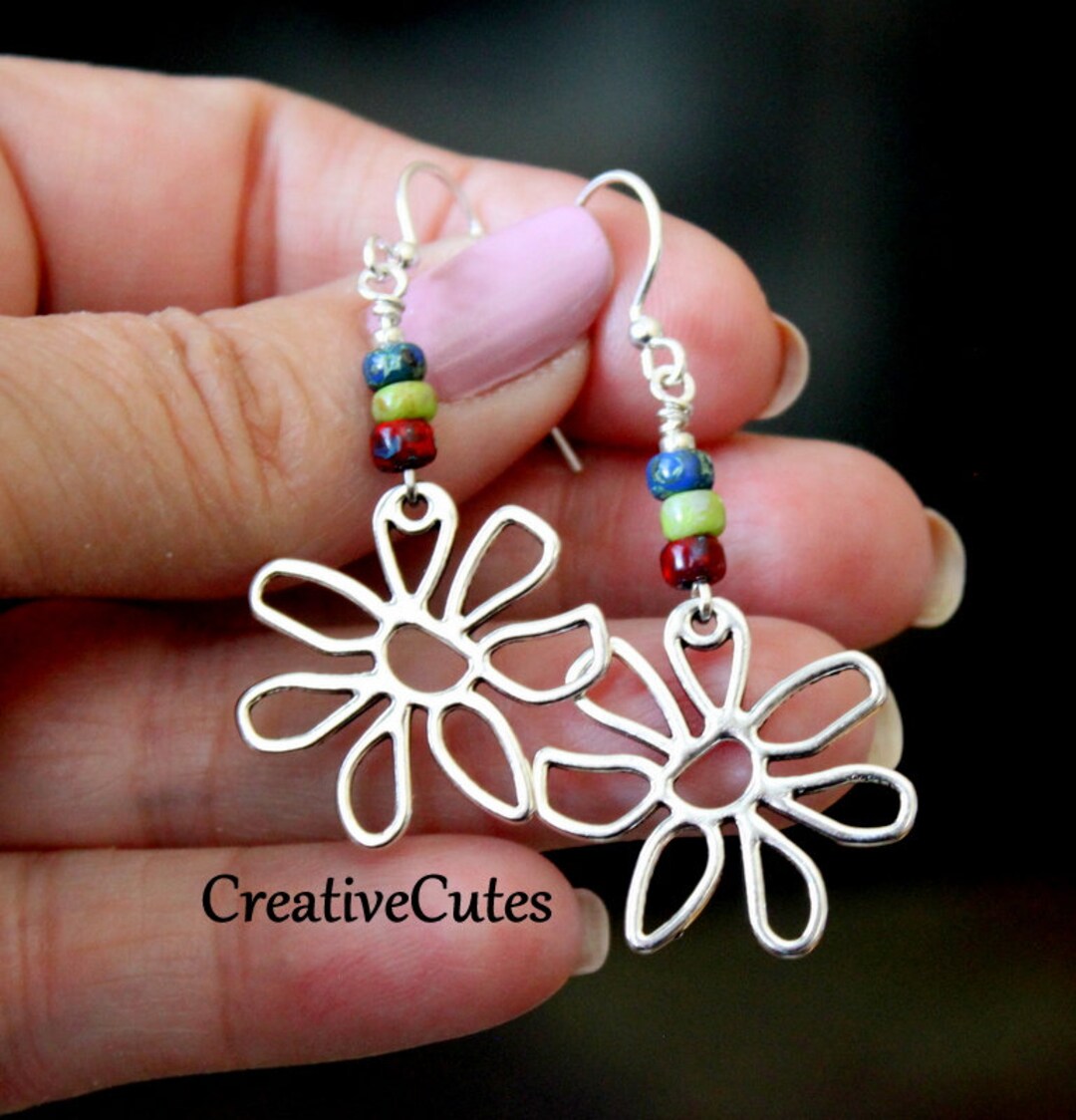 Silver Daisy Flower Earrings, Simple Handmade Everyday Earrings, Colorful Boho Bead Dangles ...