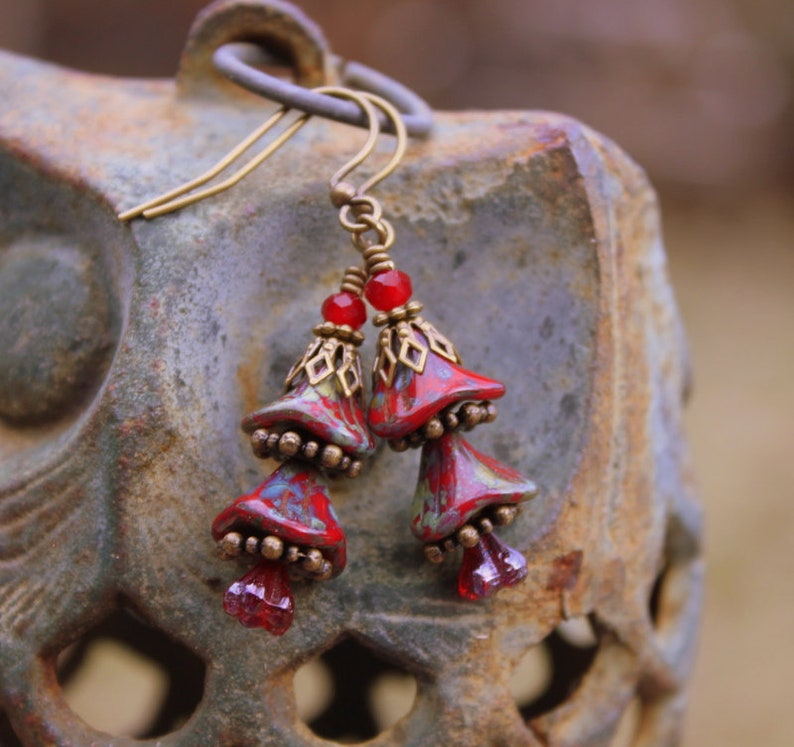 Rustic Red Boho Flower Earrings Dark Ruby Red Czech Glass | Etsy