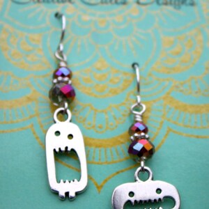 Fun Little Monster Earrings, Dainty Silver Funky Ghost Creature Dangles ...