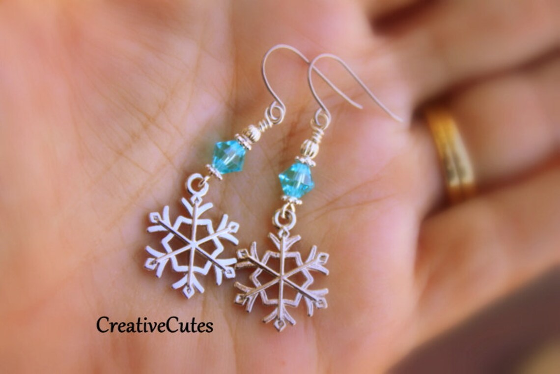 Silver Snowflake Earrings, Aqua Blue Crystal, Dainty Snowflake Dangles ...
