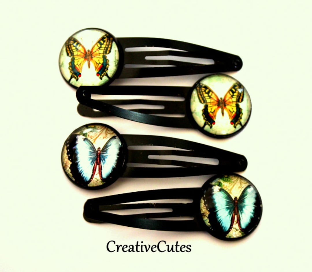 Butterfly Art Hair Clips, Set of 4 Black Metal Snap Clips, Glass ...