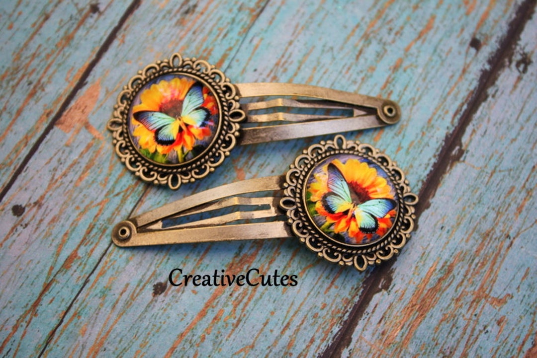 Colorful Blue Butterfly Hair Clips, Set of 2 Brass Spring Snap Clips ...