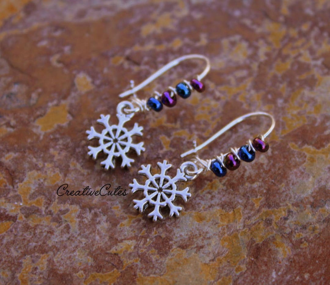 Dainty Silver Snowflake Earrings, Wire Wrapped Tiny Blue & Purple Glass ...