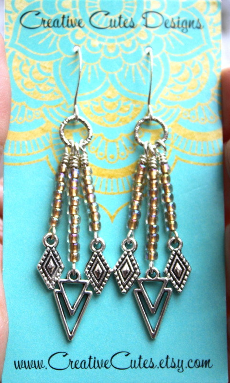 Cute Boho Beaded Triangle Earring Dangles, Gold Aura Czech Bead ...