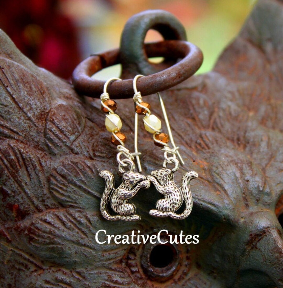 Sweet Silver Squirrel Earrings, Pearl & Bronze Czech Bead Earring ...