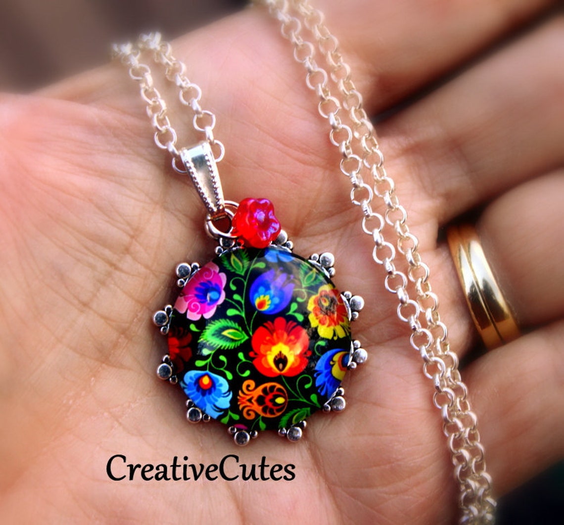 Colorful Boho Folk Art Flower Pendant Necklace, Bright Flower Art ...