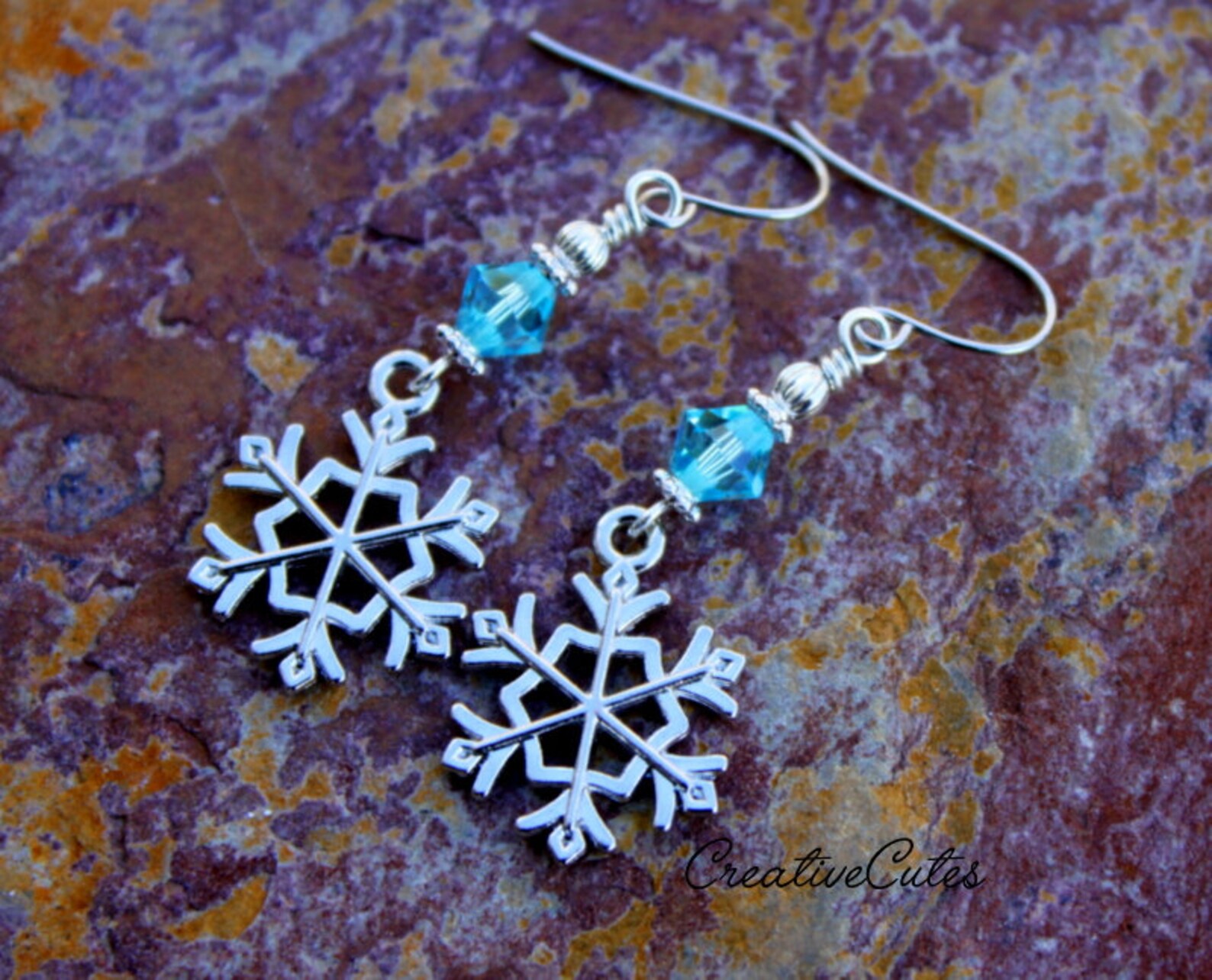 Silver Snowflake Earrings Aqua Blue Crystal Dainty Snowflake | Etsy