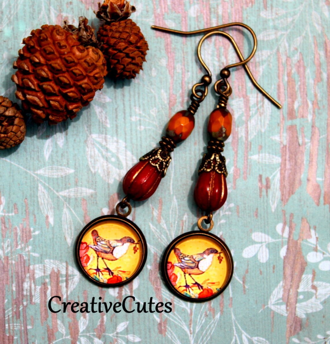 Earthy Boho Autumn Bird Earrings Rustic Bronze Bird Art | Etsy