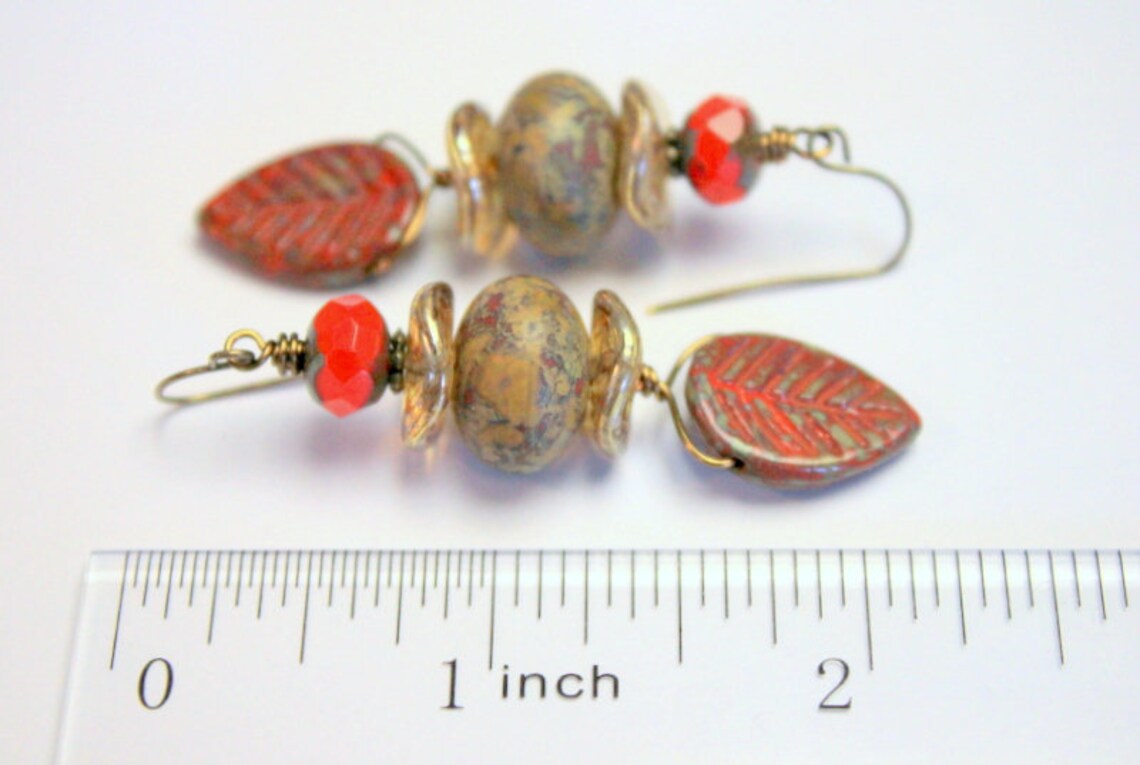 Rustic Boho Red Leaf Earrings Red & Brown Czech Beads Autumn - Etsy