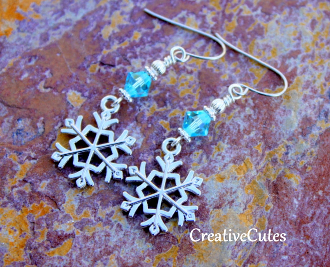 Silver Snowflake Earrings, Aqua Blue Crystal, Dainty Snowflake Dangles ...