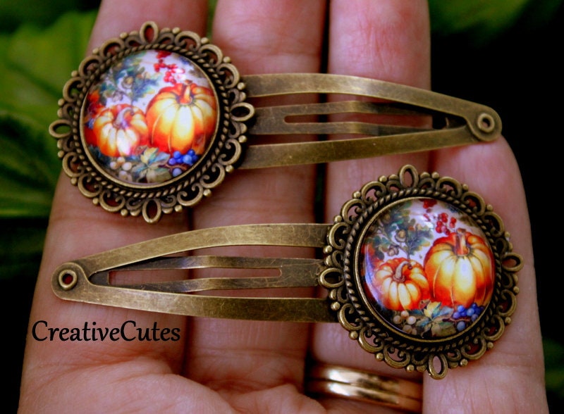 Rustic Autumn Pumpkin Hair Clips, Set of 2 Brass Snap Clips, Domed ...