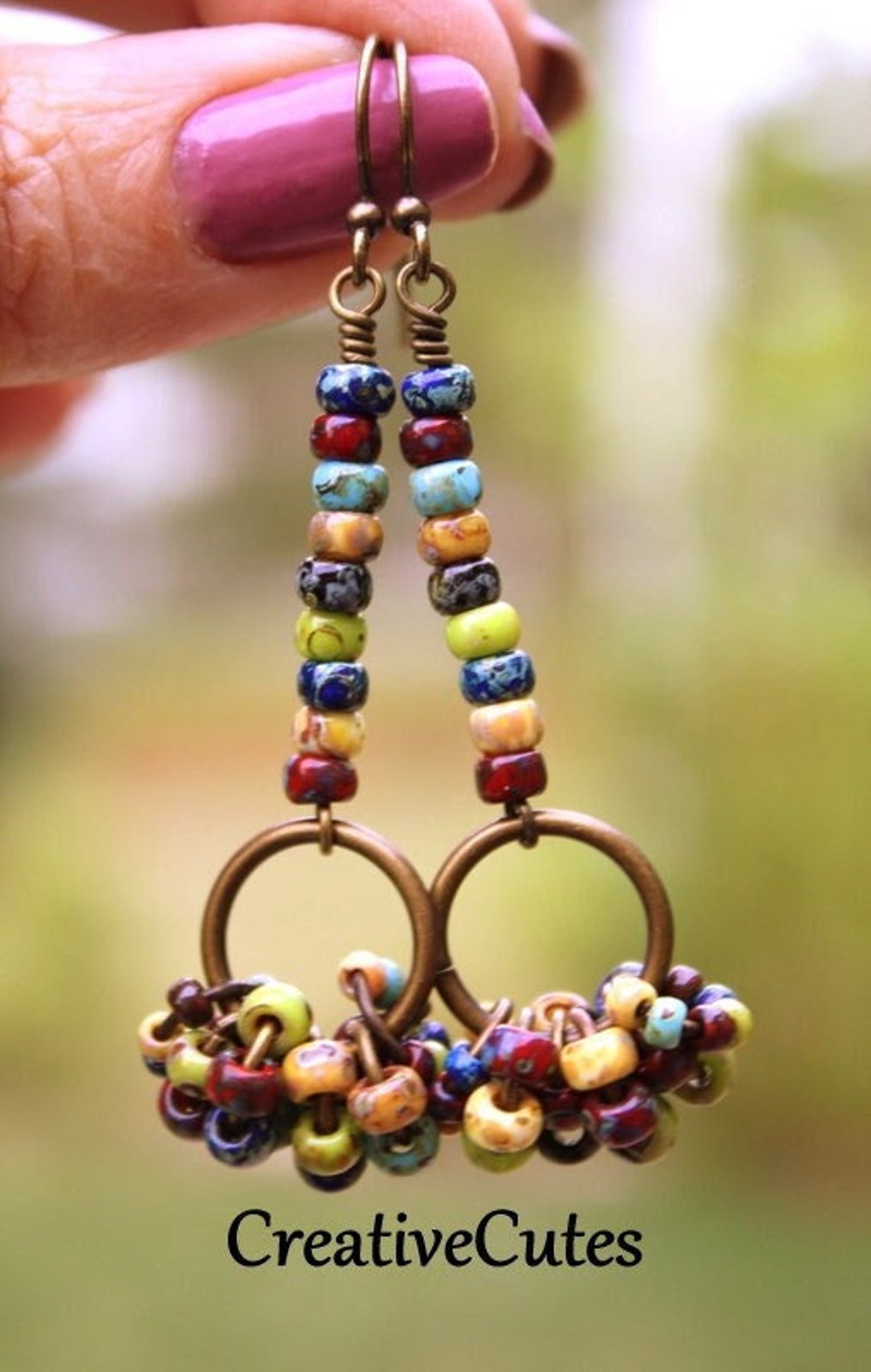 Rustic Chunky Bead Cluster Earrings Multicolor Czech Glasss - Etsy