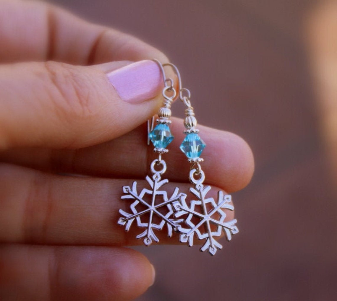 Silver Snowflake Earrings Aqua Blue Crystal Dainty Snowflake | Etsy