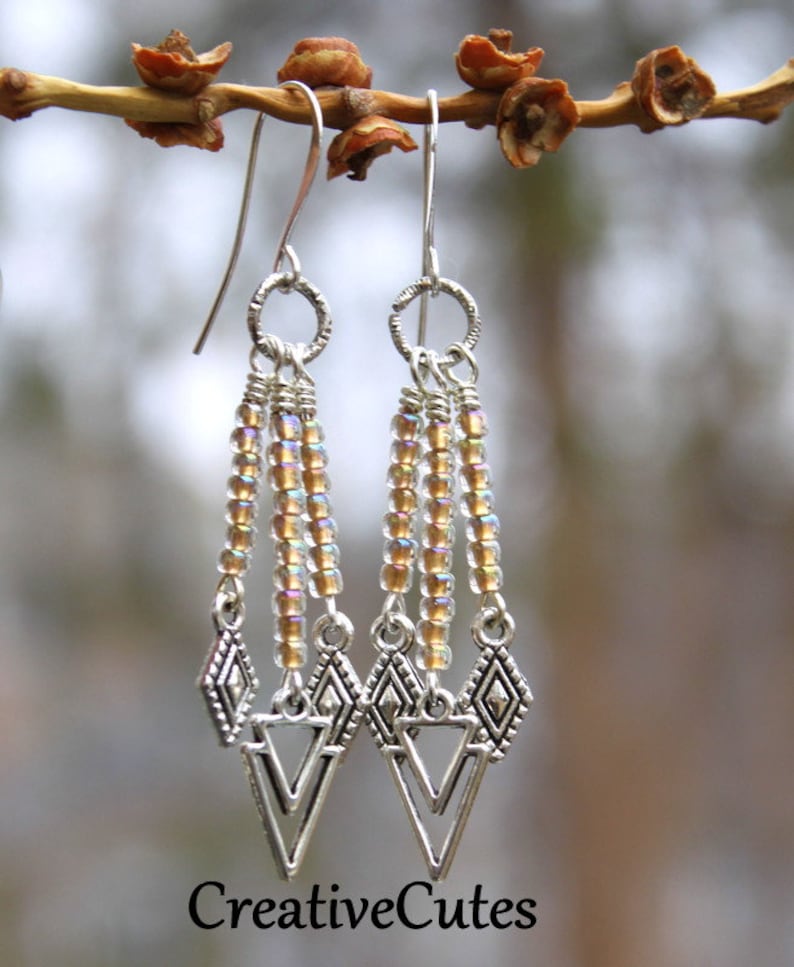 Cute Boho Beaded Triangle Earring Dangles, Gold Aura Czech Bead ...