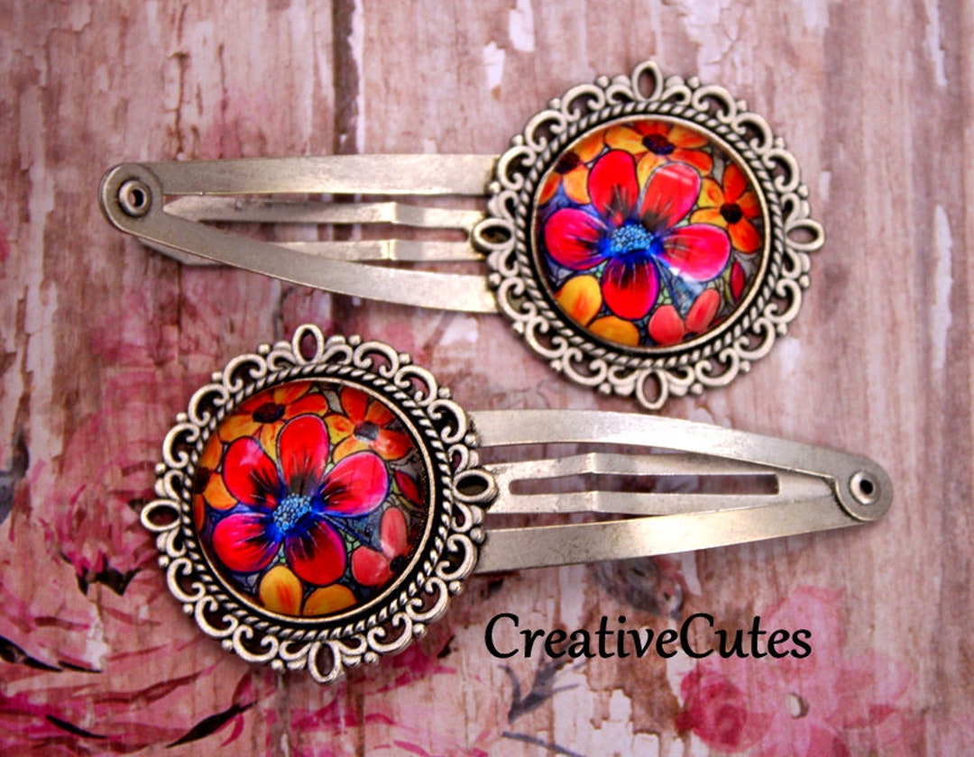 Fancy Bright Pink Flower Hair Clips, Set of 2 Silver Spring Snap Clips ...