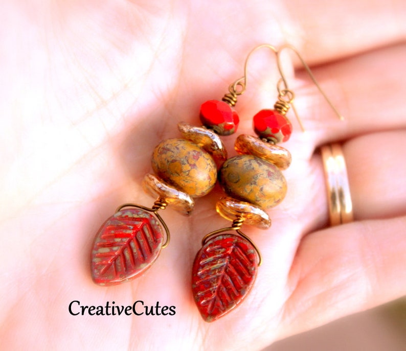 Rustic Boho Red Leaf Earrings, Red & Brown Czech Beads, Autumn Earring ...