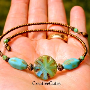 Rustic Boho Teal Green Stretch Bracelet, Earthy Unique Czech Bead Wrist ...