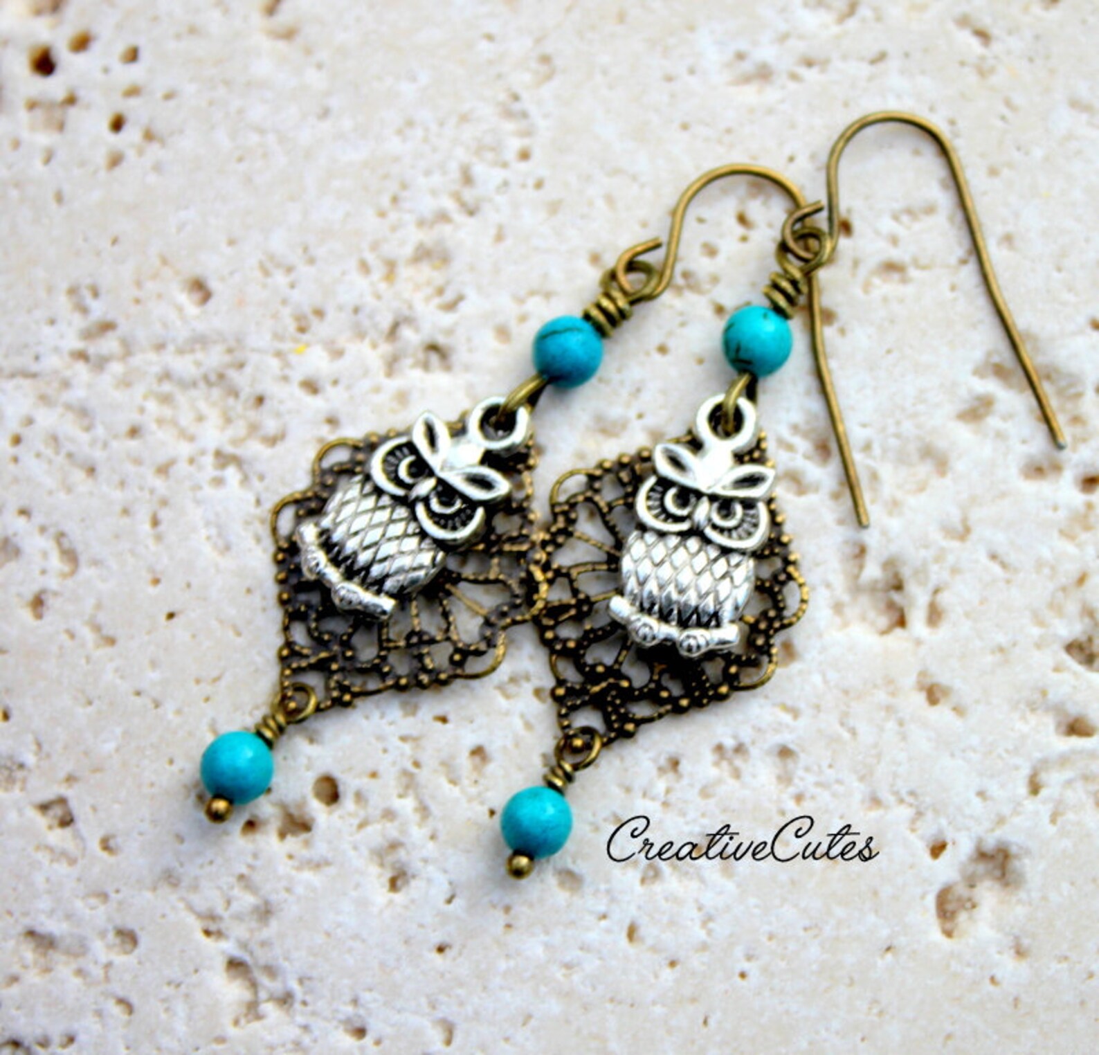 Cute Boho Owl Earrings, Turquoise Owl Earrings, Rustic Bohemian Owls ...