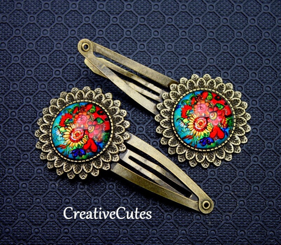 Colorful Flowers Hair Clips Set of 2 Brass Spring Snap Clips - Etsy
