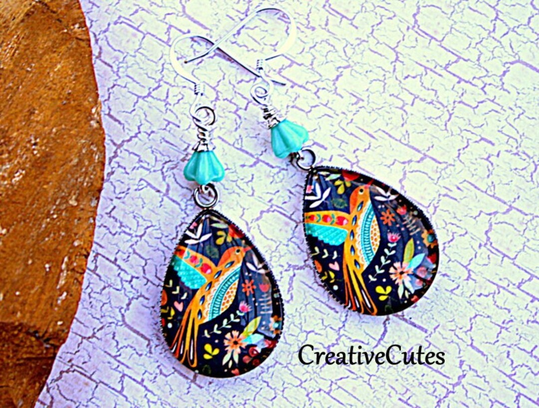 Folk Flower Hummingbird Earrings, Colorful Teardrop Bird Art Dangles ...
