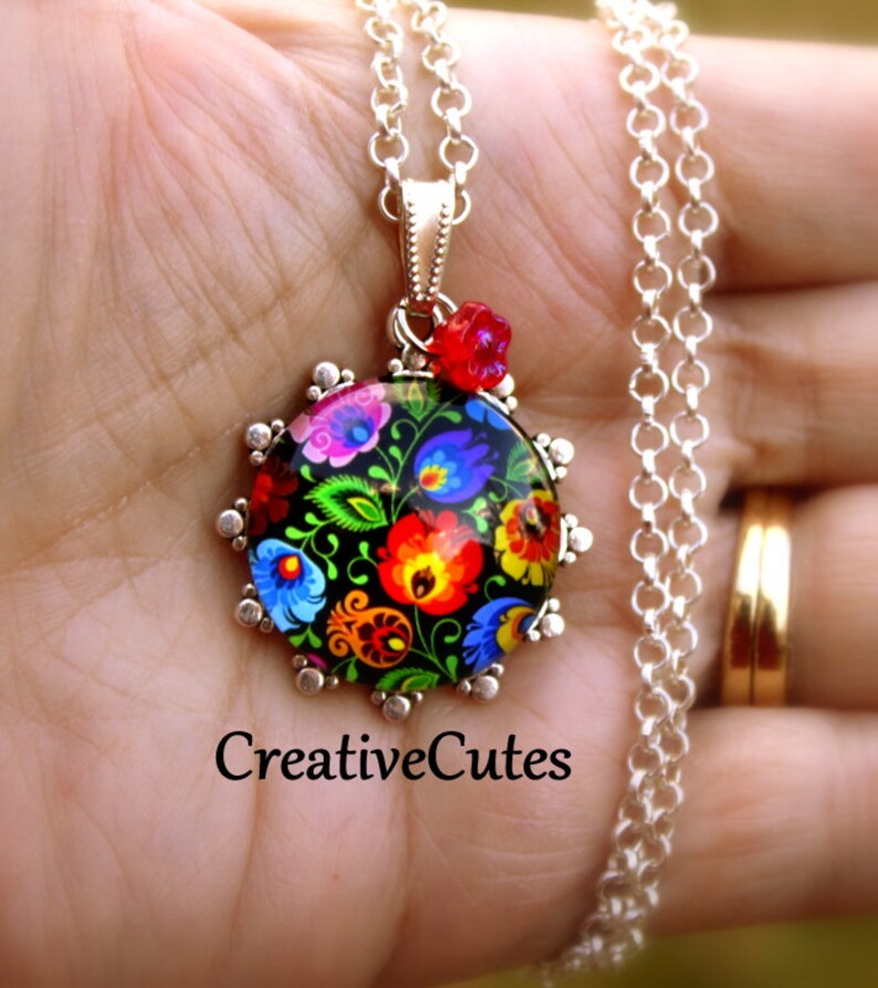 Colorful Boho Folk Art Flower Pendant Necklace, Bright Flower Art ...