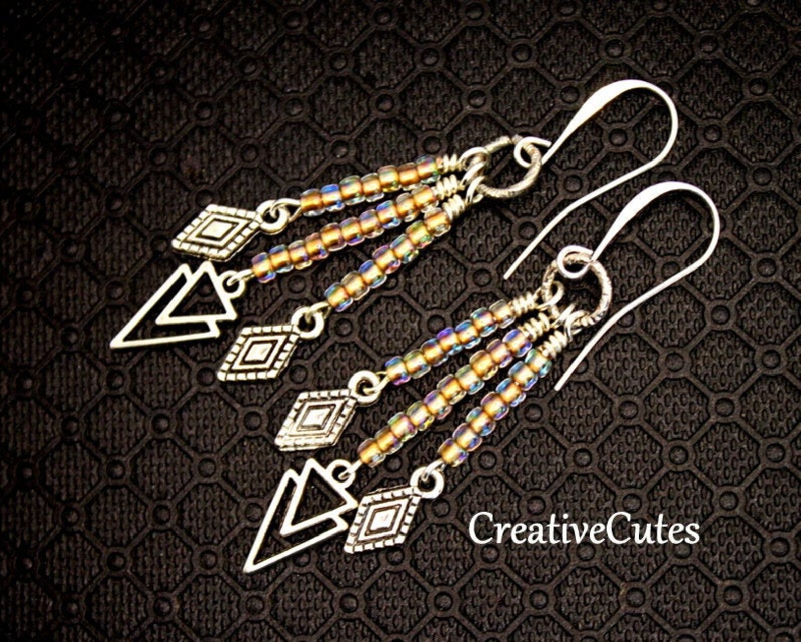 Cute Boho Beaded Triangle Earring Dangles, Gold Aura Czech Bead ...