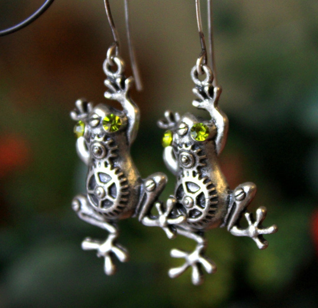 Boho Steampunk Frog Earrings, Green Crystal Eyes, Rustic Dark Silver ...