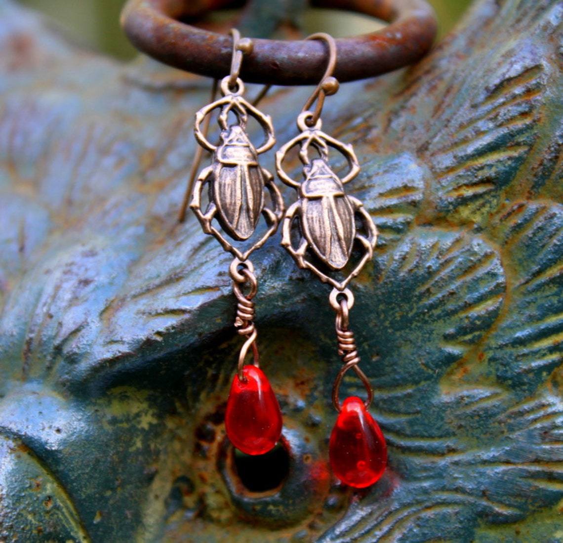 Rustic Egyptian Scarab Earrings Copper Scarab Beetle Charms | Etsy