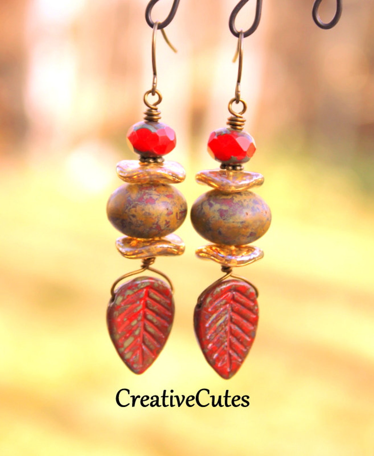 Rustic Boho Red Leaf Earrings, Red & Brown Czech Beads, Autumn Earring ...