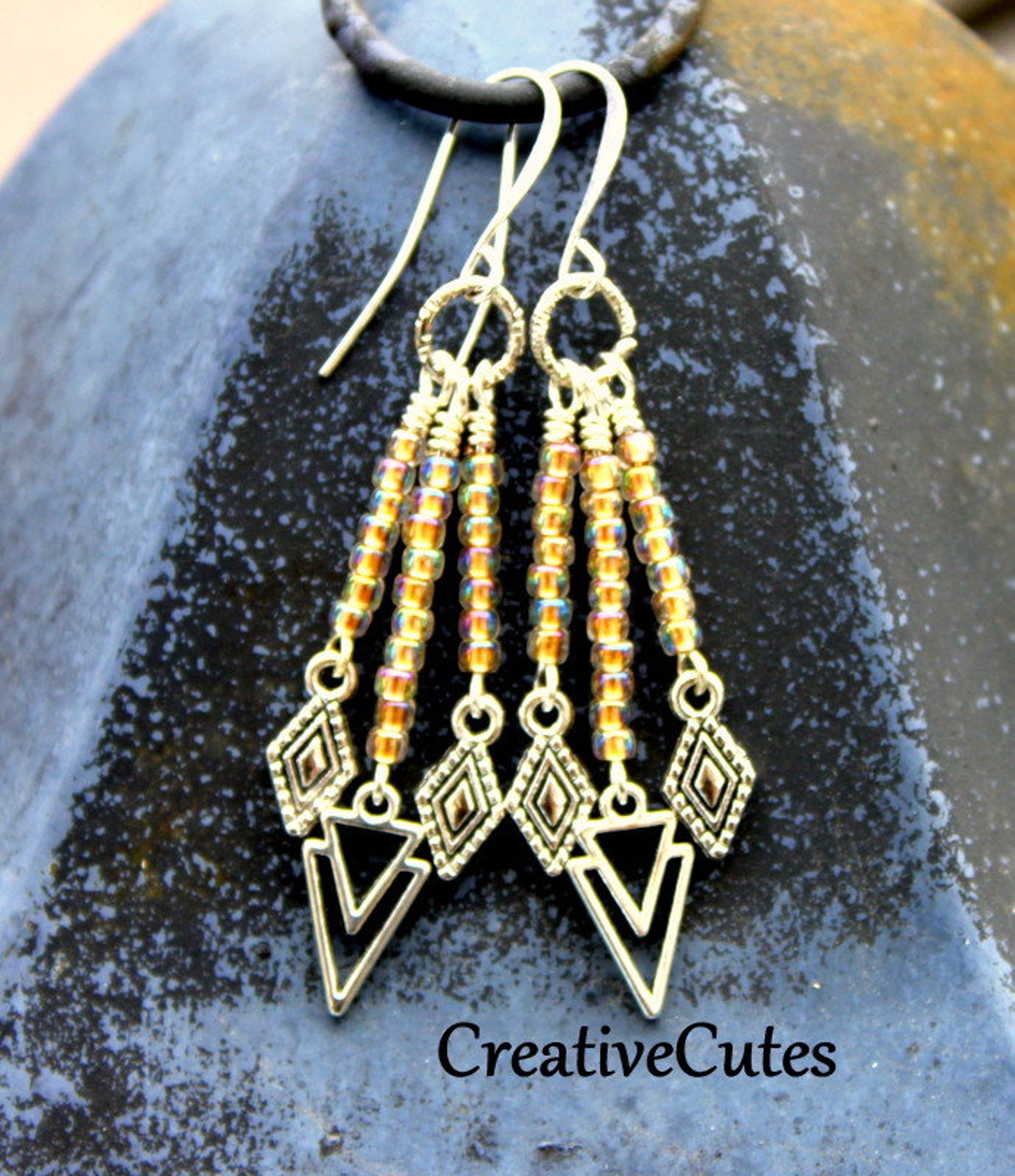 Cute Boho Beaded Triangle Earring Dangles Gold Aura Czech - Etsy