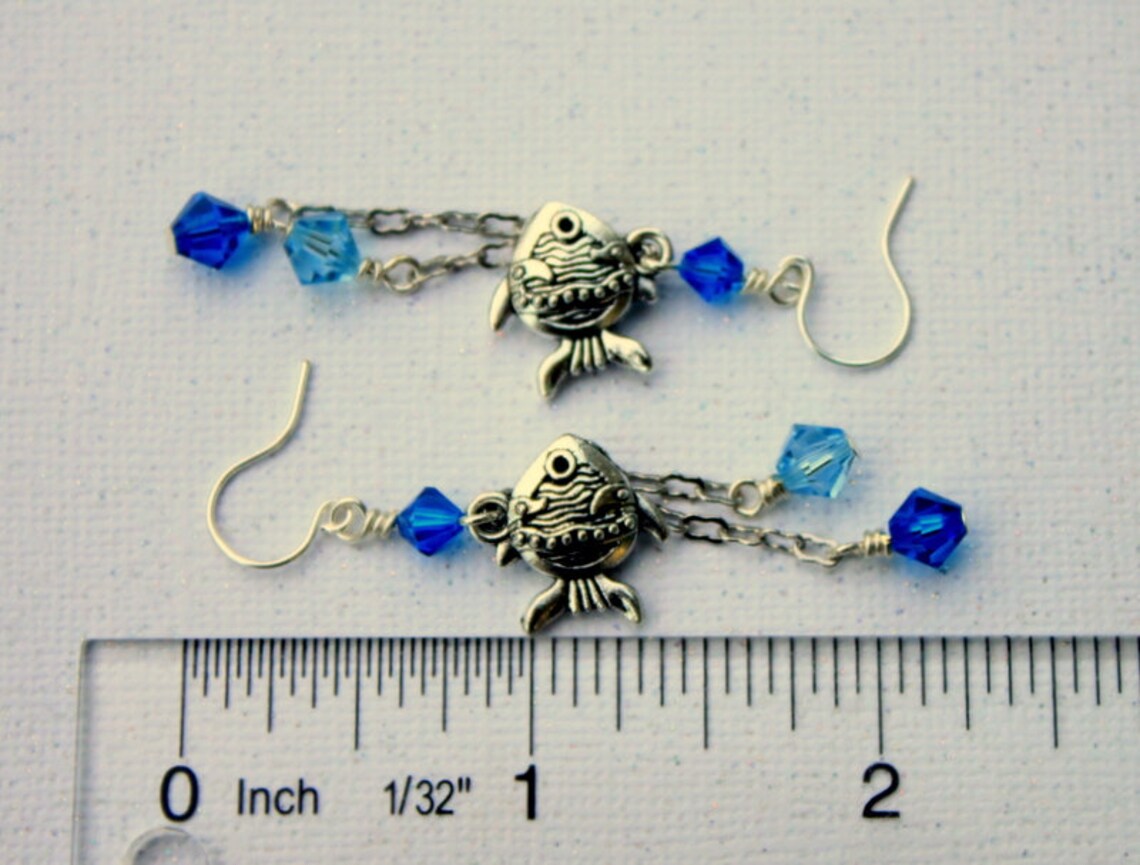 Silver Crystal Fish Earrings, Sparkling Blue Swarovski Crystal Dangle ...
