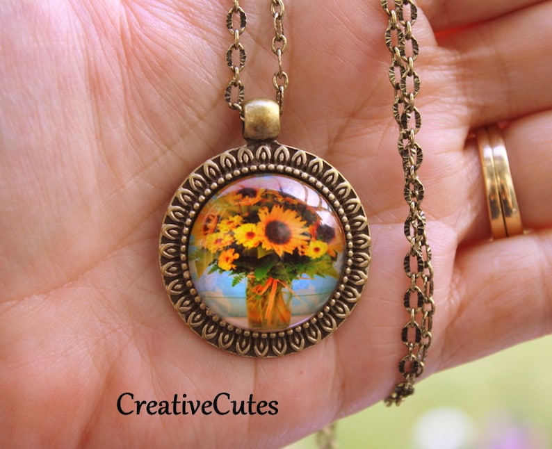 Rustic Boho Sunflower Necklace, Bronze Sunflower Pendant, Vintage ...