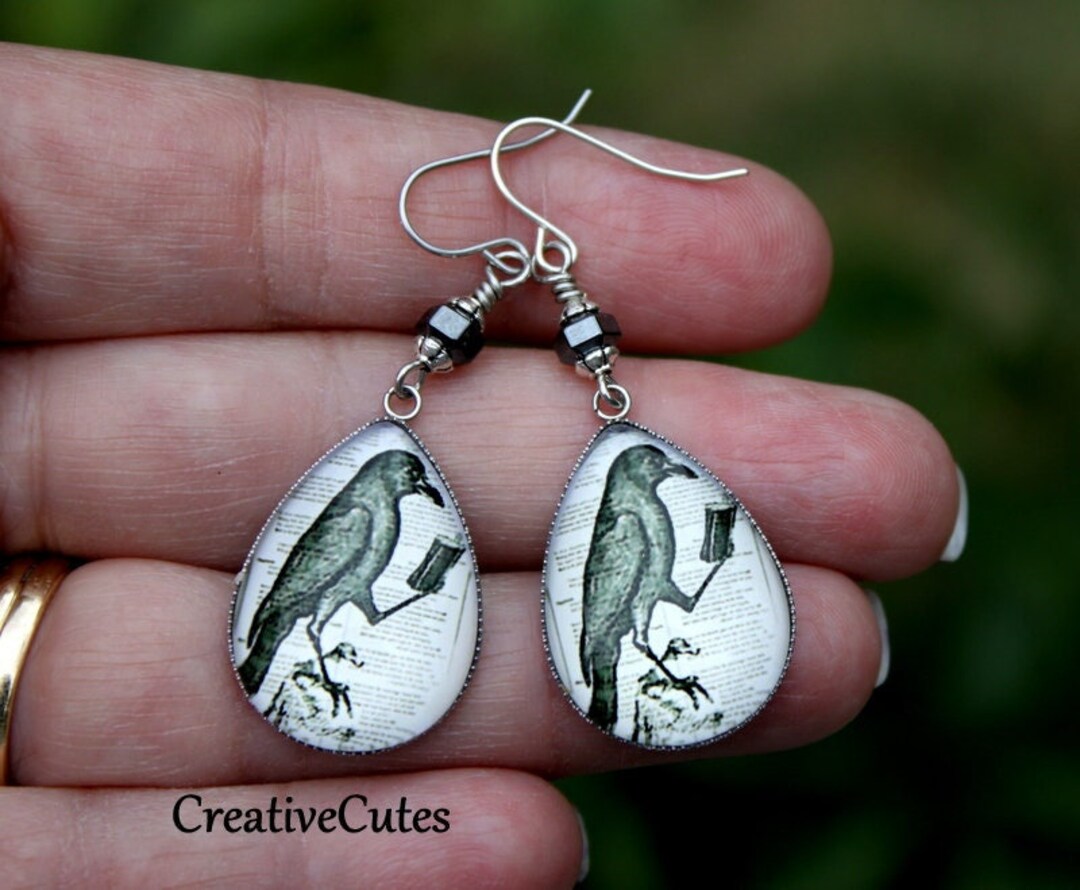Reading Raven Earrings, Raven Crow Bird & Book Art Images, Hematite ...