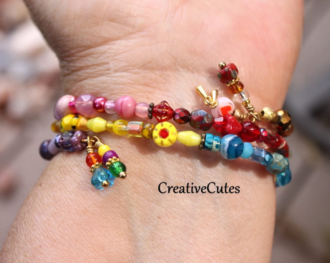 Colorful Beaded Boho Bracelet, Rainbow Oval Memory Wire Stretch ...