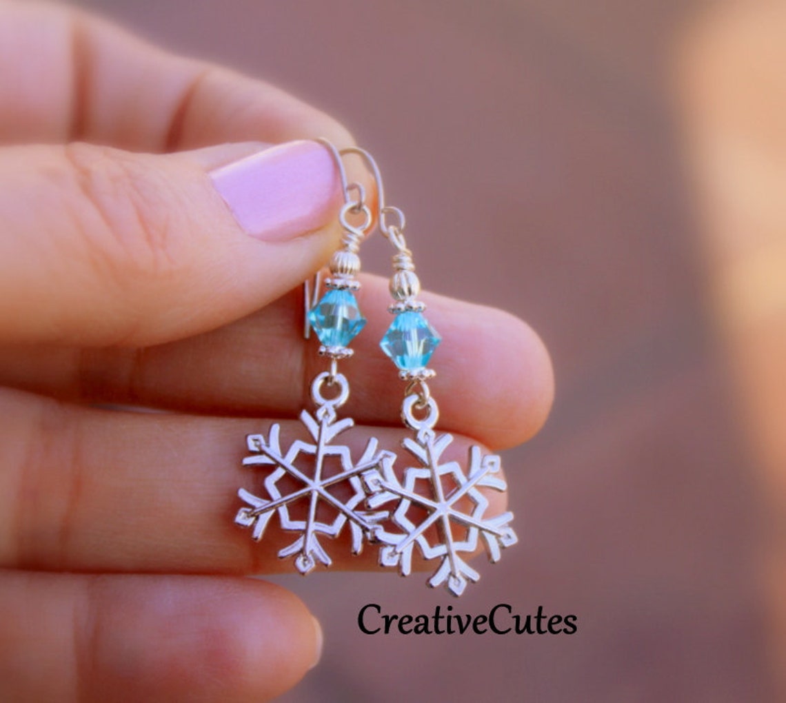 Silver Snowflake Earrings, Aqua Blue Crystal, Dainty Snowflake Dangles ...