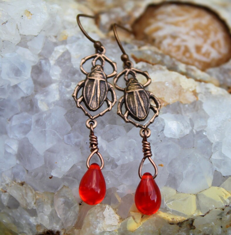 Rustic Egyptian Scarab Earrings Copper Scarab Beetle Charms | Etsy