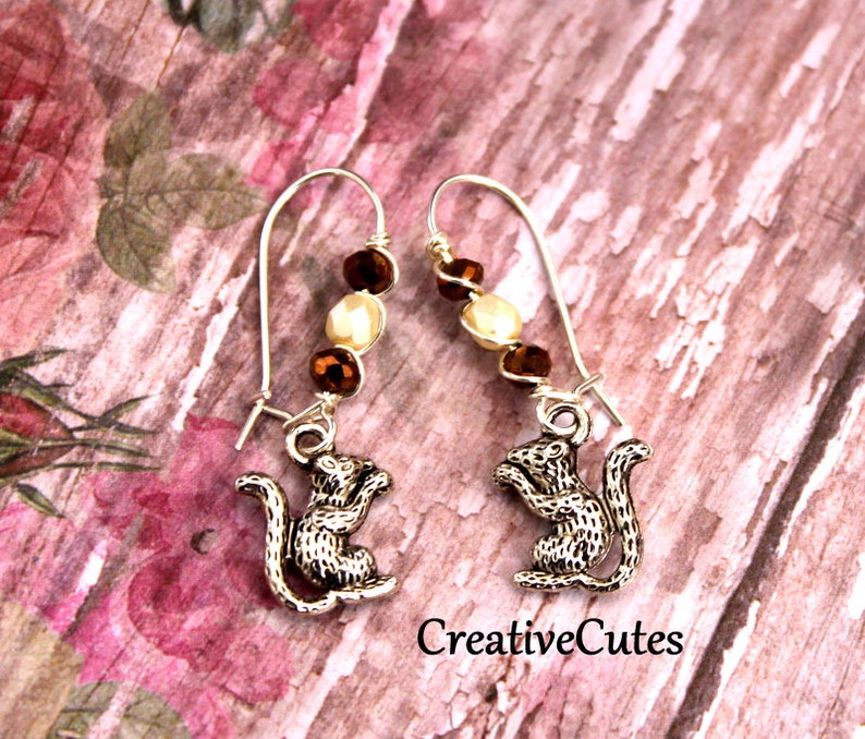 Sweet Silver Squirrel Earrings Pearl & Bronze Czech Bead | Etsy